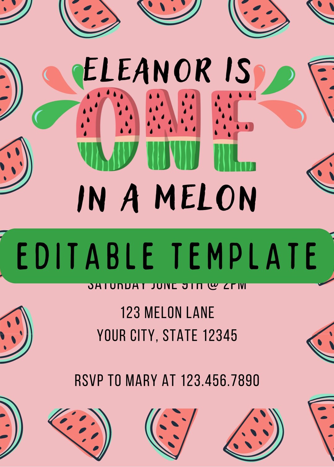 Editable One in a Melon Birthday Invitation - Etsy