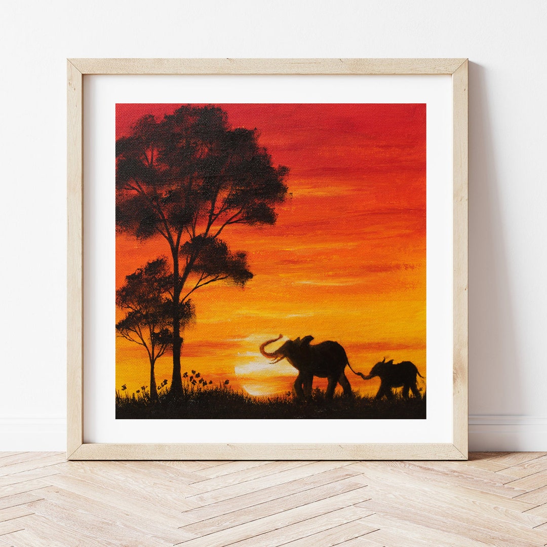 Original Canvas Painting/ Elephants on Sunset/ Square Painting - Etsy