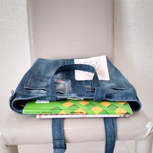 Light Blue Denim Upcycled Tote Bag. Ancient Japanese Jomon Face Handle ...
