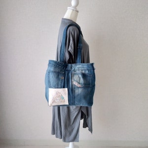 Light Blue Denim Upcycled Tote Bag. Ancient Japanese Jomon Face Handle ...