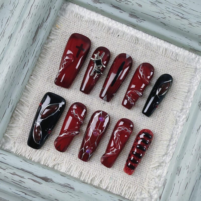 Red Punk Press on Nails - Etsy