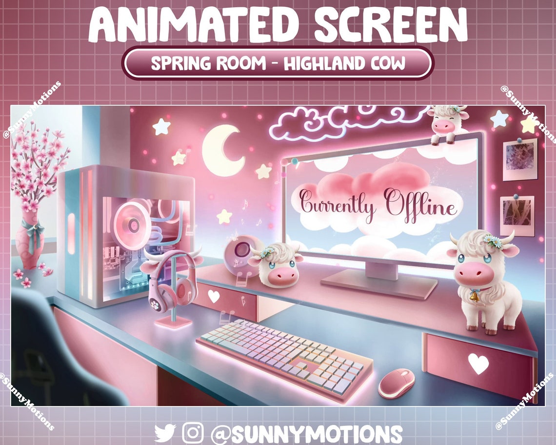 7 Animated Lo-fi White Pink Blue Highland Cow Twitch Screen Overlay ...