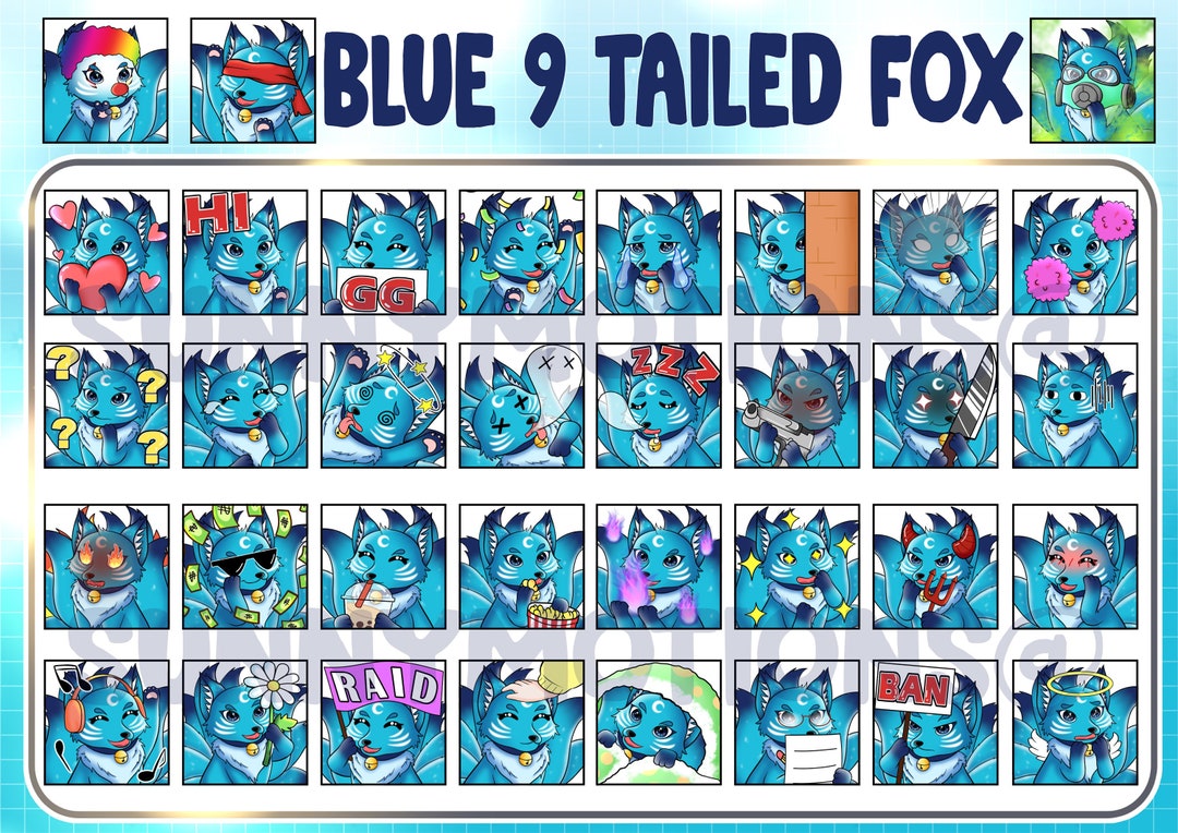 Cute Chibi Blue Turquoise Fox Twitch Discord Emotes / Kawai Animal ...