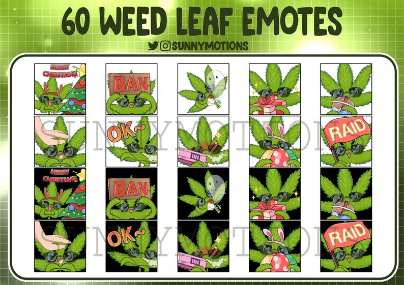 Cute Green Weed Leaf Twitch Emotes, Discord, Streamer, Kawai Marijuana ...