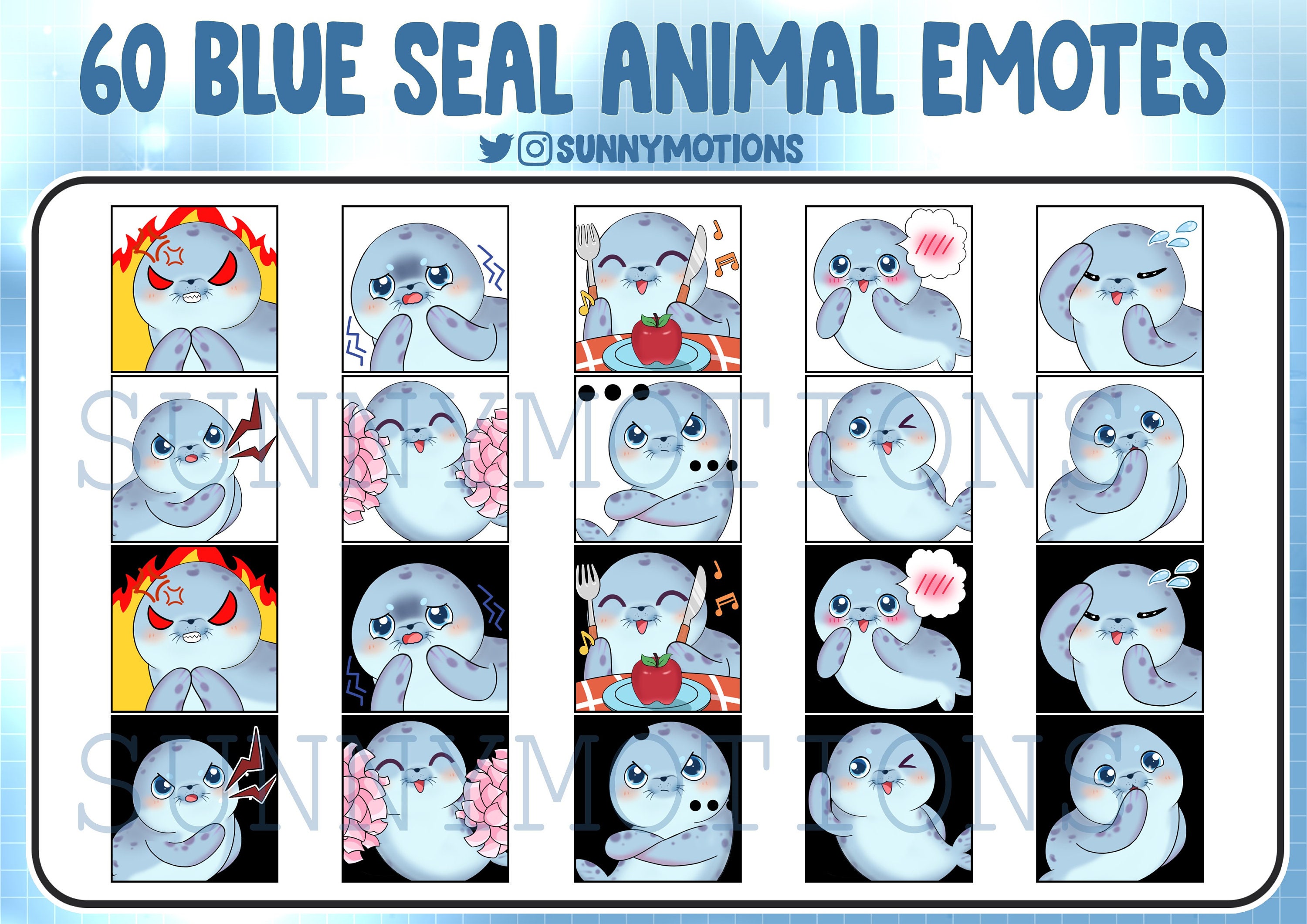 60 Cute Blue Seal Sea Animal Twitch Emotes Bundle, Discord, Streamer ...