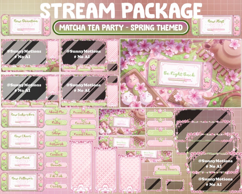 ANIMATED Stream Package: Lo-fi Matcha Tea Spring Sakura Party, Pink ...