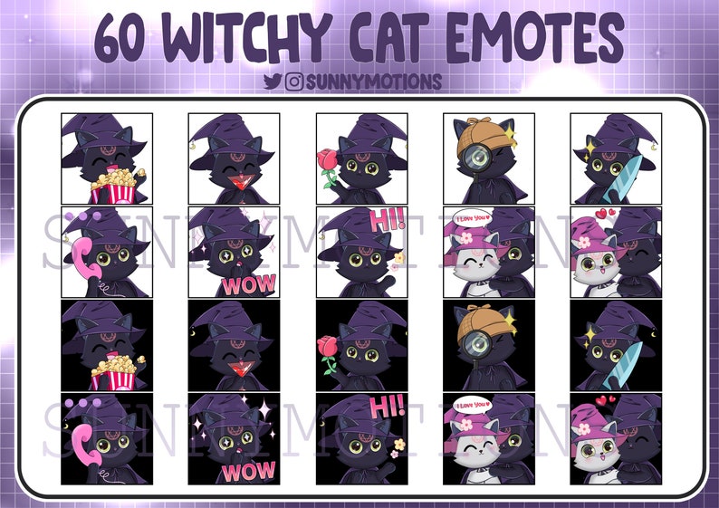 60x Cute Purple Witchy Cat Twitch Emotes Bundle, Discord, Streamer ...