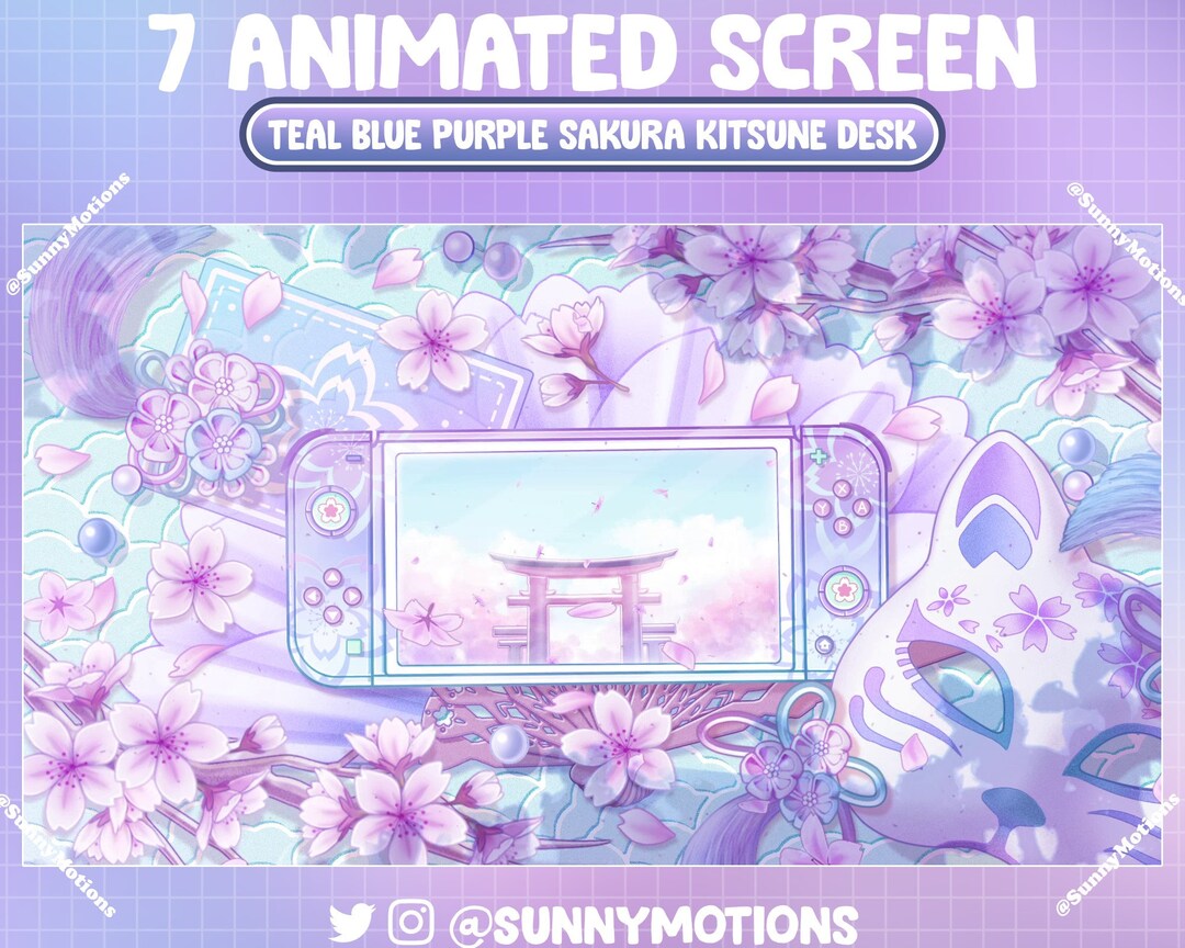 Animated Teal Blue Purple Pink Sakura Desk Twitch Screen, Kitsune Mask ...