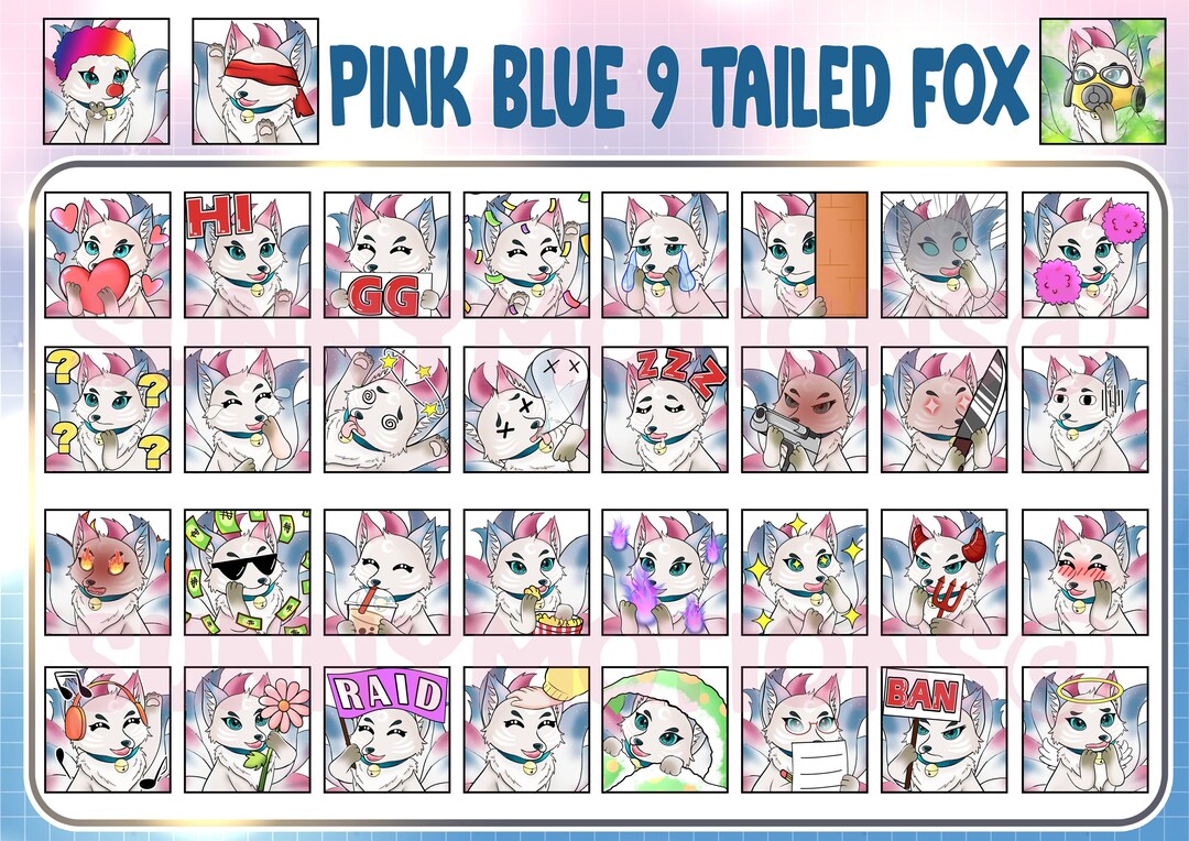 36x Cute Chibi Pink Blue Turquoise Fox Twitch Discord Emotes, Kawai ...