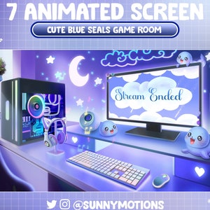 7 Animated Lo-fi Blue Seals Animal Twitch Screen Overlay, Kawaii Baby ...