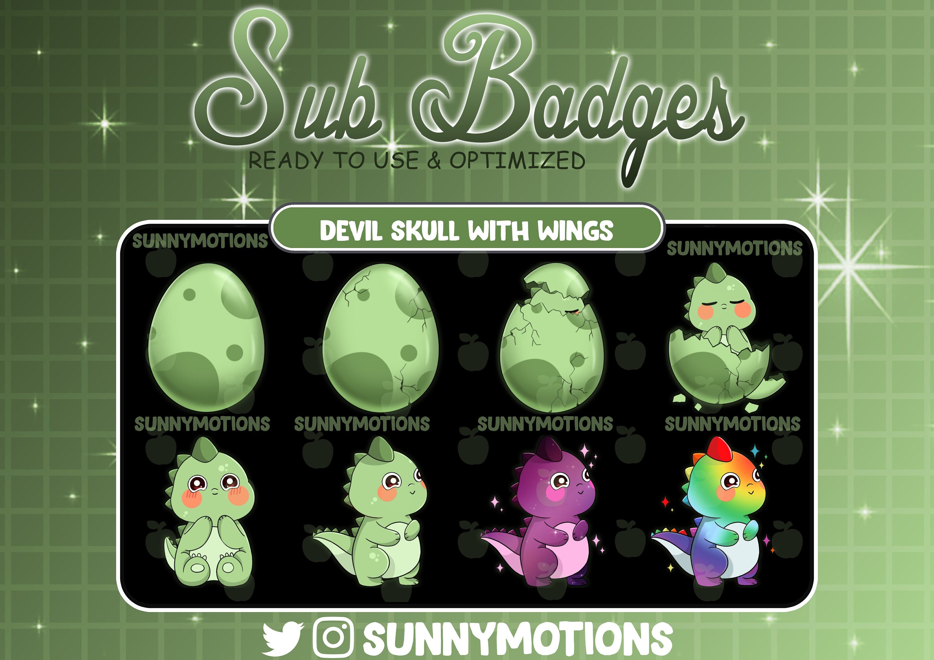 8x Kawaii Cute Chibi Green Dinosaur Twitch Sub Bit Badges, Dino ...