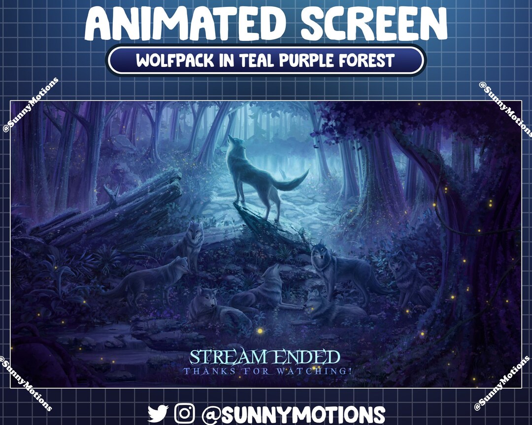 ANIMATED Stream Screen: Wolfpack in Teal Purple Forest, Waterfall ...