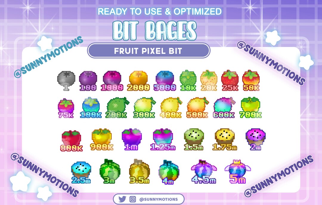 30x Colorful Neon Pixel Fruit Number Twitch Bit Badges: Apple, Lemon ...