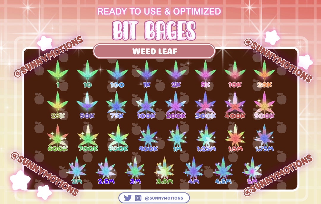 31 Colorful Weed Leaf Twitch Bit Badges, Rainbow Marijuana Leaf Sub ...