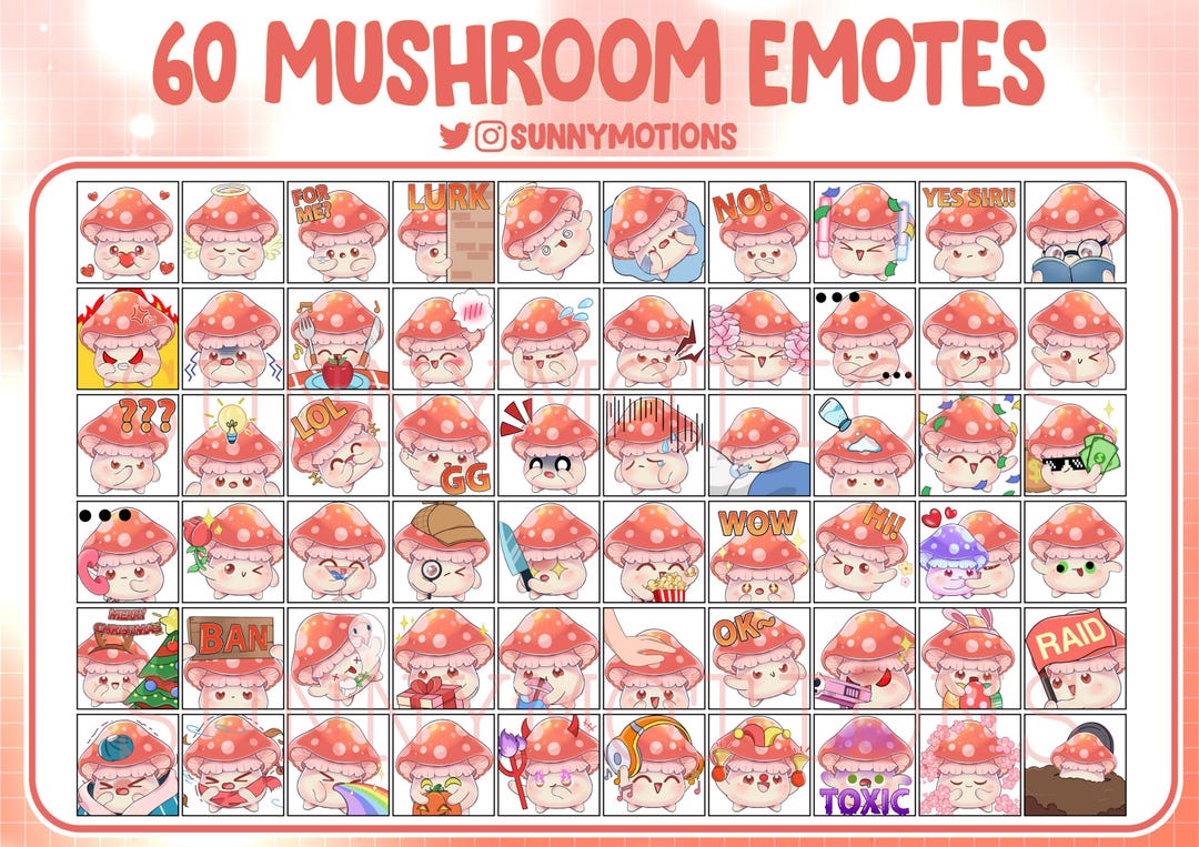 60 Cute Mushroom Twitch Emotes Bundle, Discord, Streamer, Kawai ...
