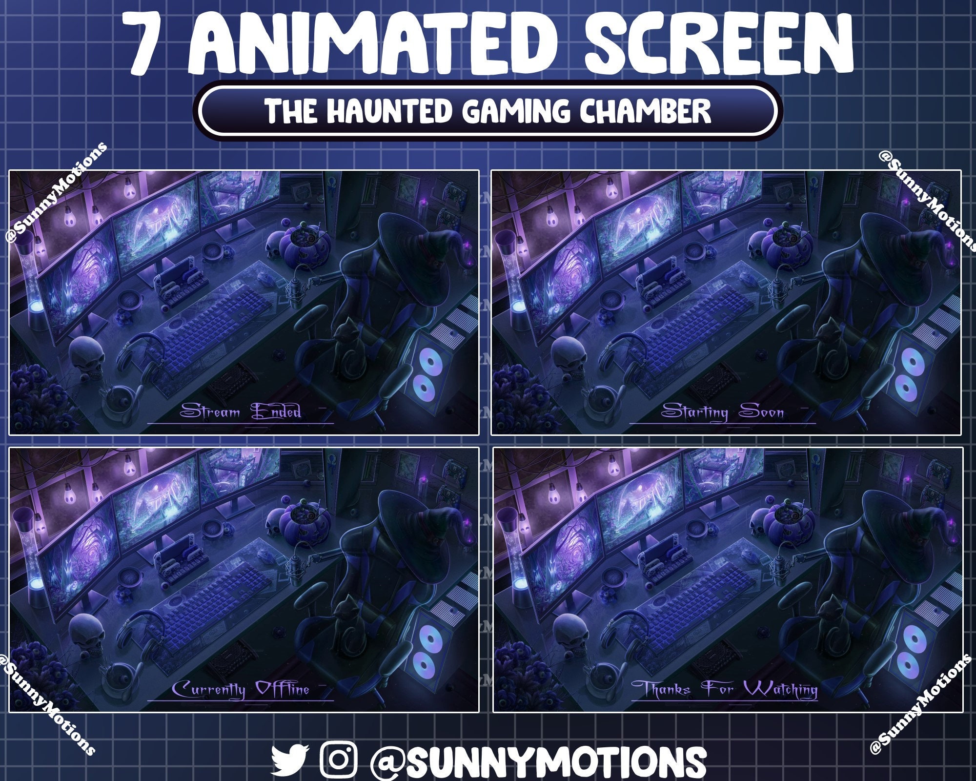 Animated Purple Blue Haunted Gaming Room Console Set up Twitch Screen ...