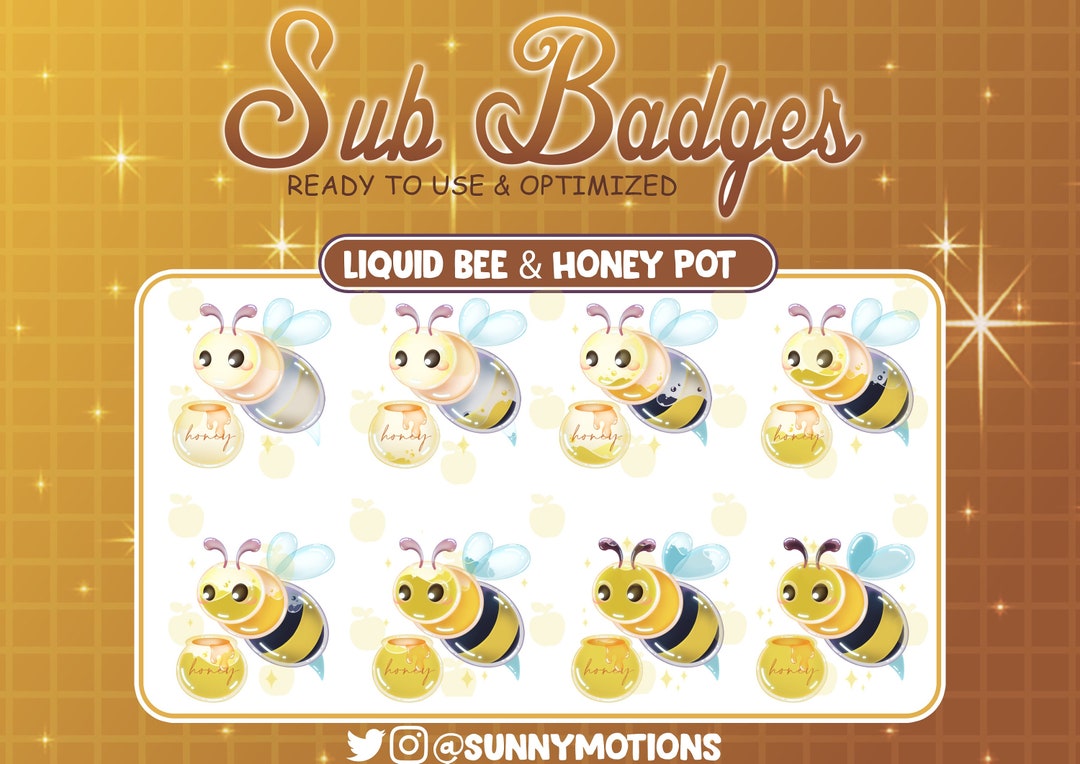 8 Liquid Bee & Honey Pot Sub Bit Badges, Yellow Honey Bee Stream ...