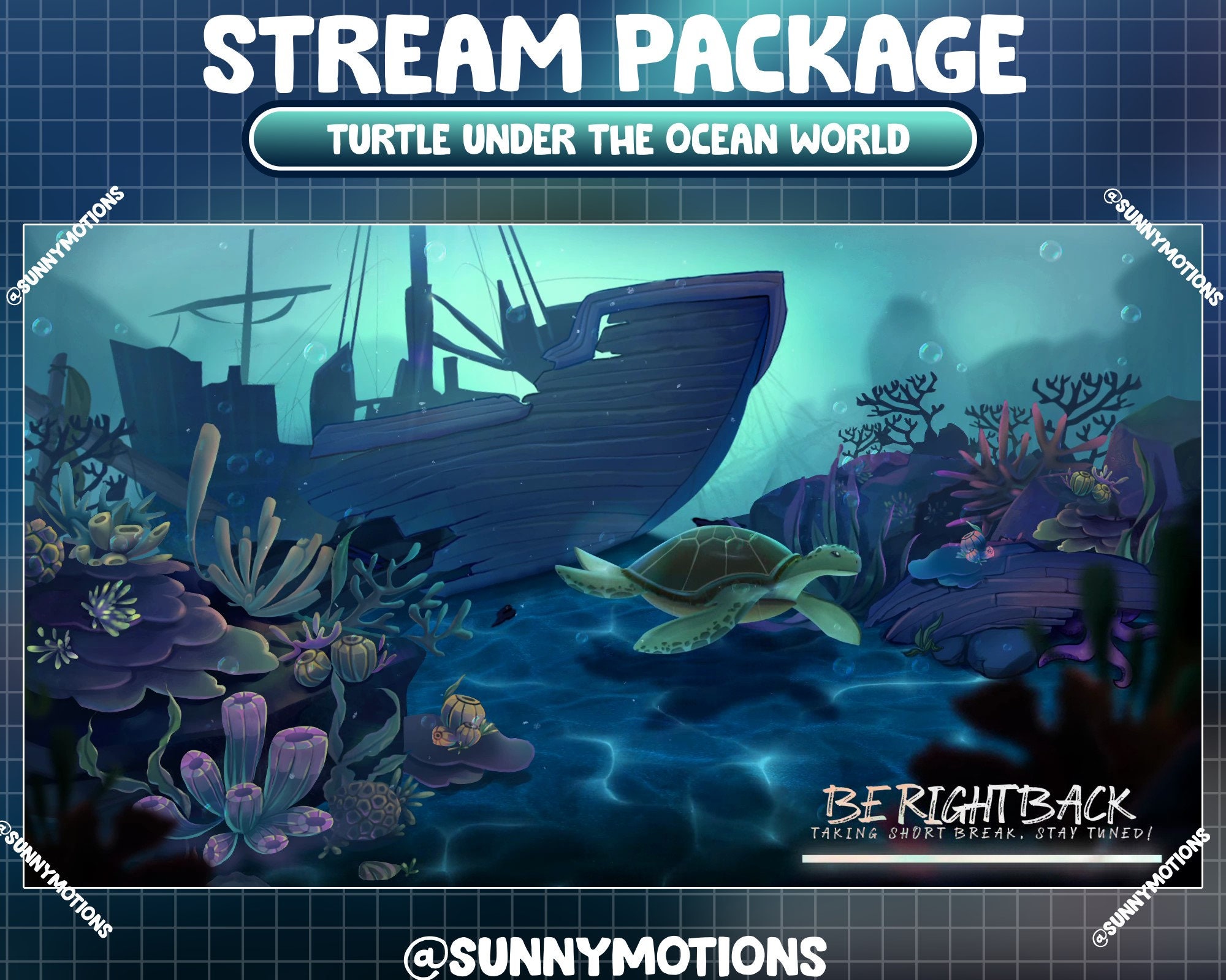 FULL ANIMATED Twitch Stream Package / Magic Green Turtle Under Ocean ...