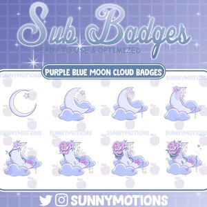 8 Purple Blue Peony Flower Moon Twitch Sub Bit Badges / Kawaii Cute Badges for Streamers, Magic ...