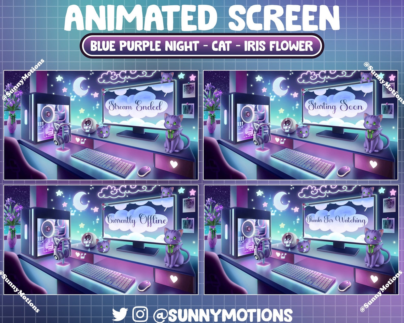 ANIMATED Twitch Overlay Stream Package: Lo-fi Vibe Aesthetic Neon Blue ...