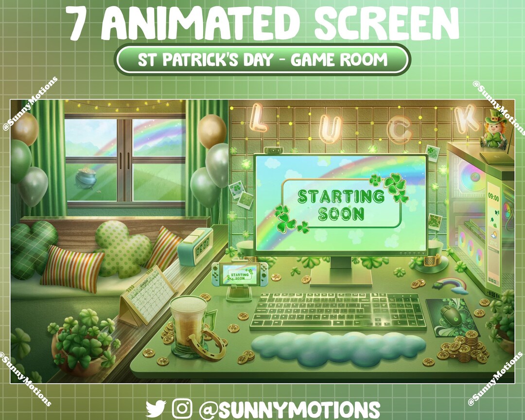 7 Animated Four Leaf Clover Lo-fi Desk, Green Game Room Set up Twitch ...
