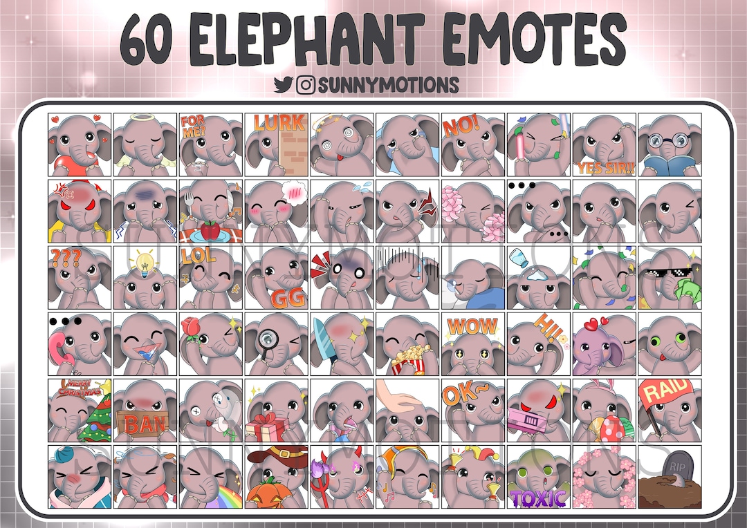 60 Cute Elephant Twitch Emotes, Discord Streamer, Kawai Mega Bundle ...