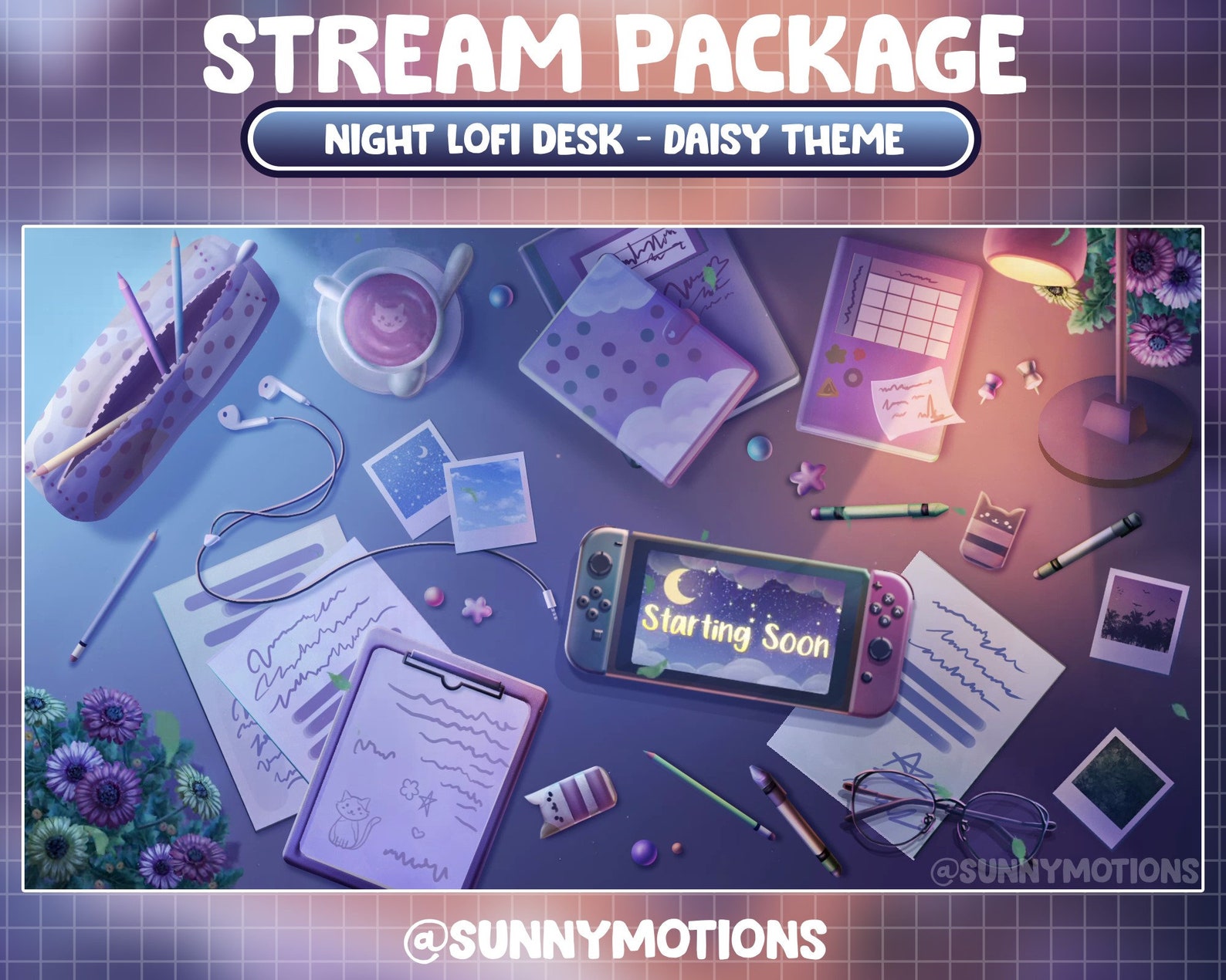 Animated Twitch Stream Package Overlay / Retro Lofi Desk Night / Cozy ...