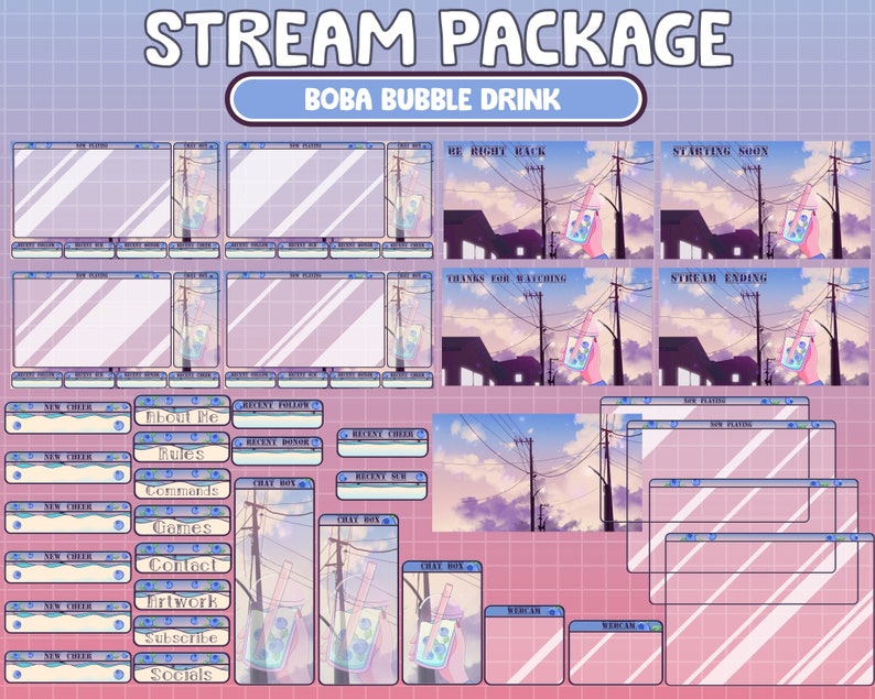 FULL ANIMATED Twitch Stream Package Blueberries Boba Drink / - Etsy
