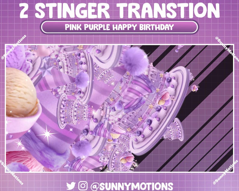 2 Animated Stream Stinger Transition: Pink Purple Happy Birthday Cake ...