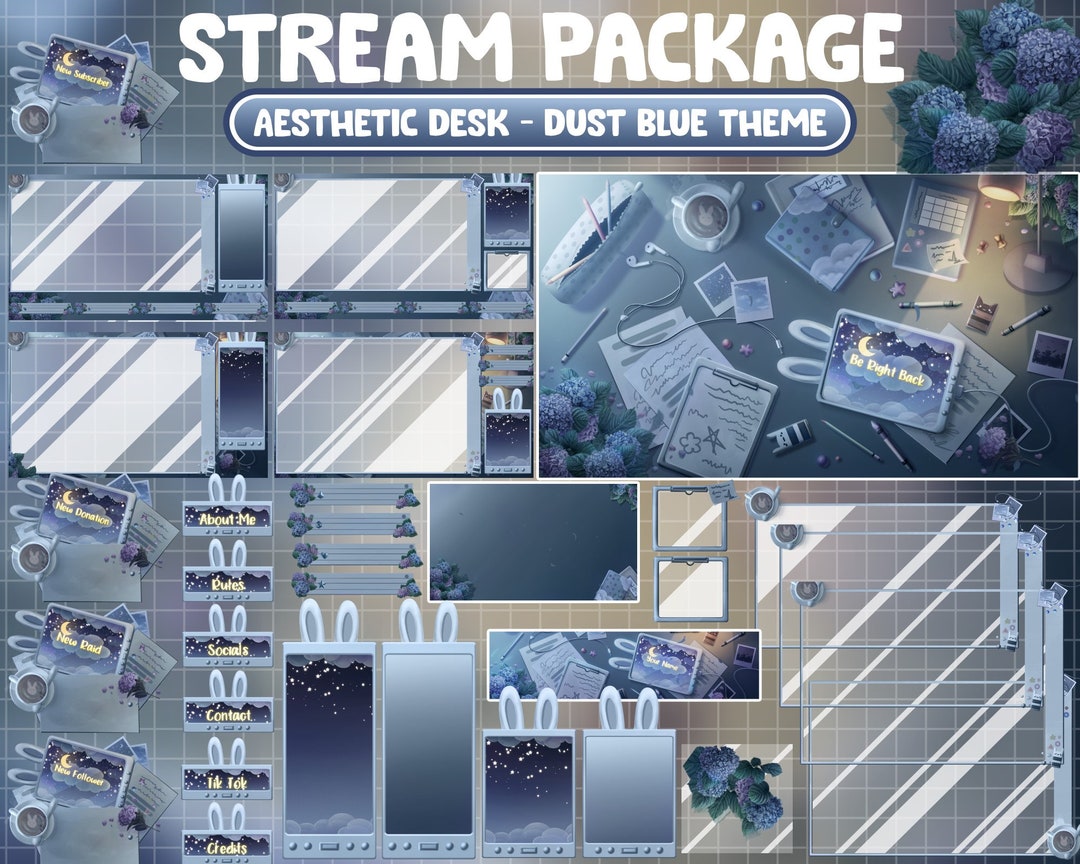 Animated Twitch Stream Package Overlay / Dust Blue Retro Lofi Desk Night / Cozy Aesthetic Room ...