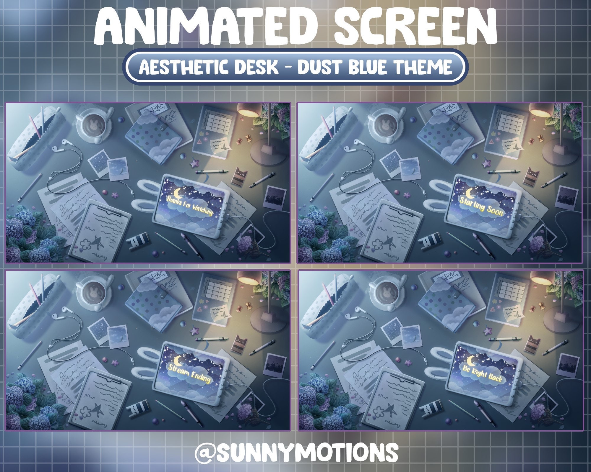Animated Twitch Stream Package Overlay / Dust Blue Retro Lofi Desk ...
