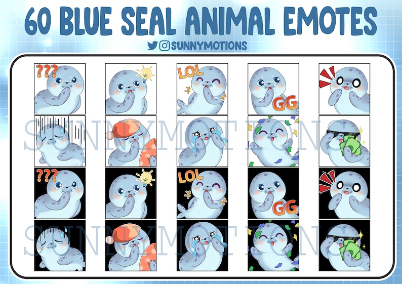 60 Cute Blue Seal Sea Animal Twitch Emotes Bundle, Discord, Streamer ...