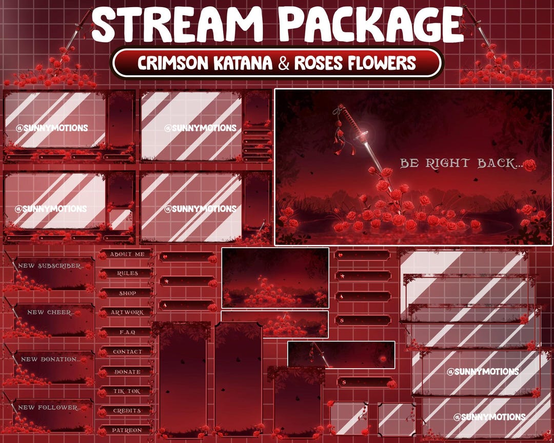 ANIMATED Twitch Overlay Stream Package: Crimson Katana & Roses Flowers ...
