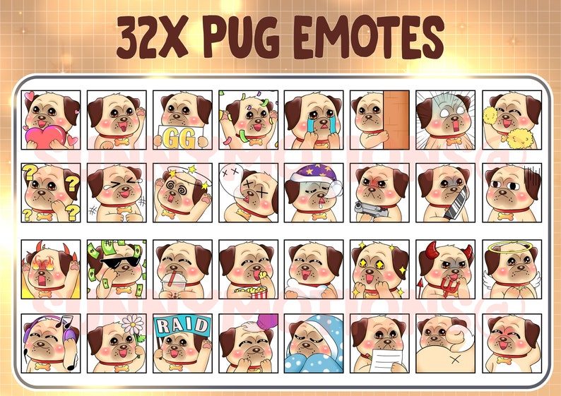 32 Cute Chibi Kawaii Pug Twitch Discord Emotes / Kawai Animal - Etsy