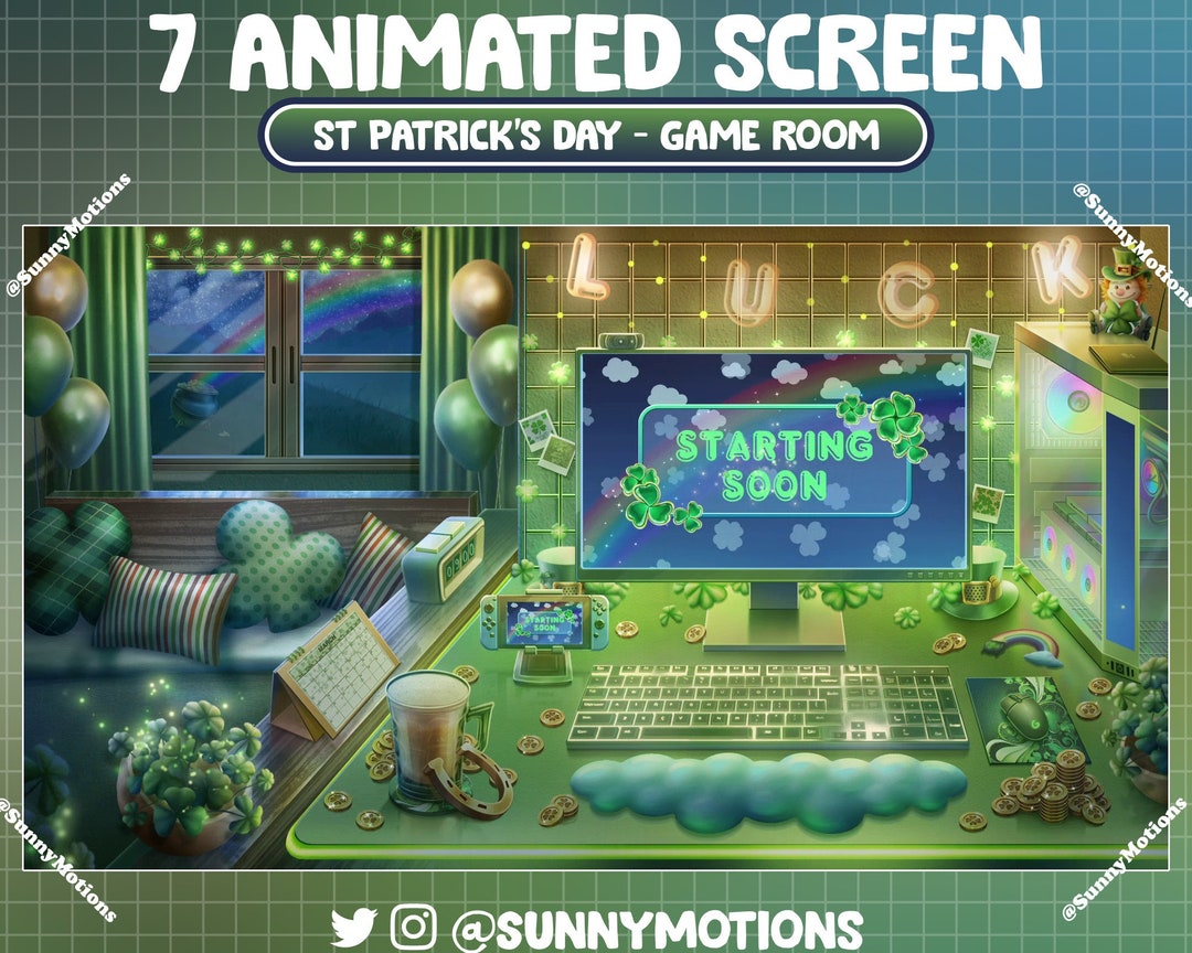 Animated 4 Leaf Clover Lo-fi Desk, Dark Night Green Game Bedroom Twitch ...