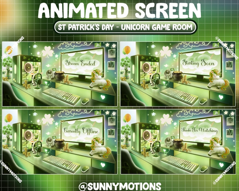 ANIMATED Twitch Overlay Stream Package: Aesthetic Green Orange Unicorn ...