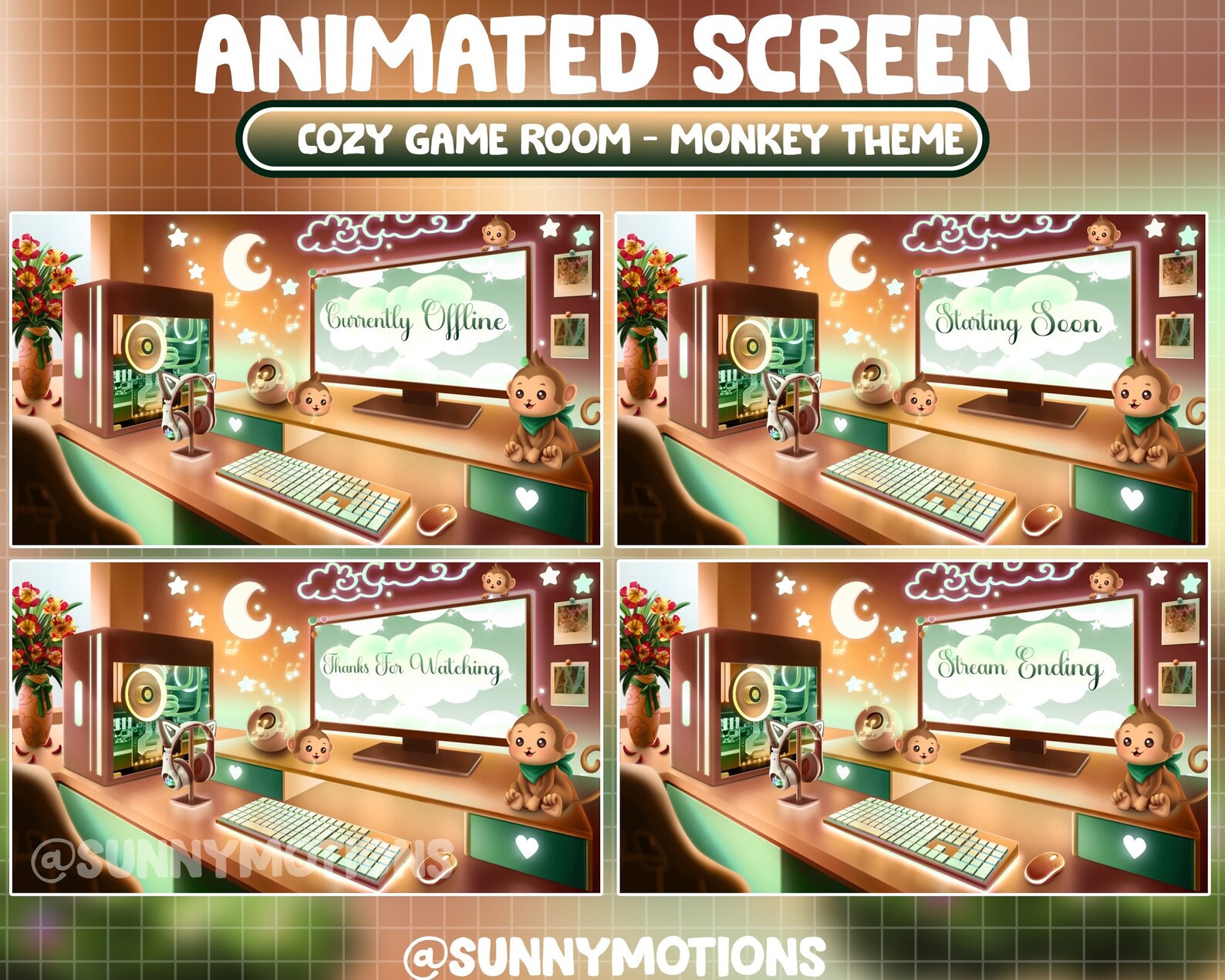 ANIMATED Twitch Overlay Stream Package / Lo-fi Aesthetic Brown Monkey ...