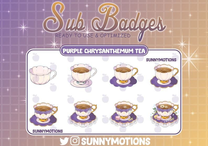 8 Purple Daisy Flower Tea Twitch Sub Bit Badges, Kawaii Chrysanthemum ...