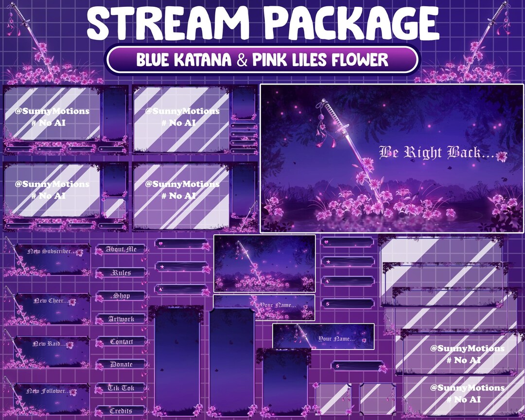 FULL ANIMATED Twitch Overlay Stream Package: Blue Purple Pink Katana ...