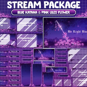 FULL ANIMATED Twitch Overlay Stream Package: Blue Purple Pink Katana ...