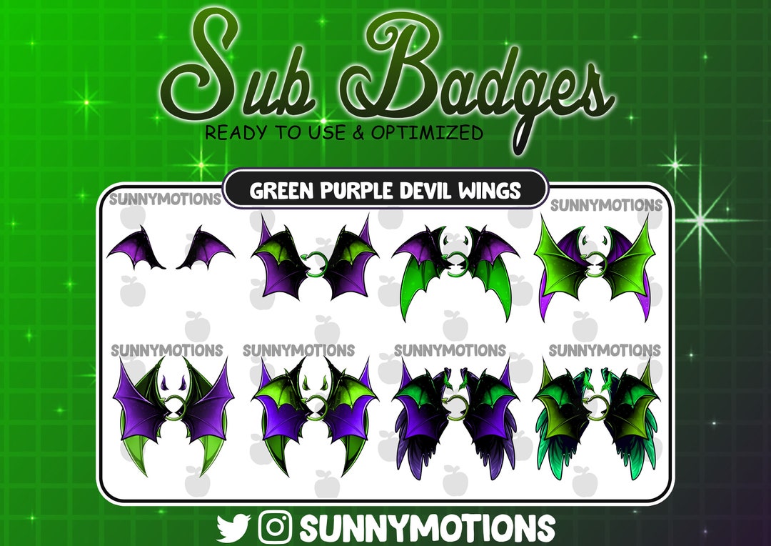 8x Cool Green Purple Devil Wings Twitch Sub Bit Badges, Demon Streamer ...
