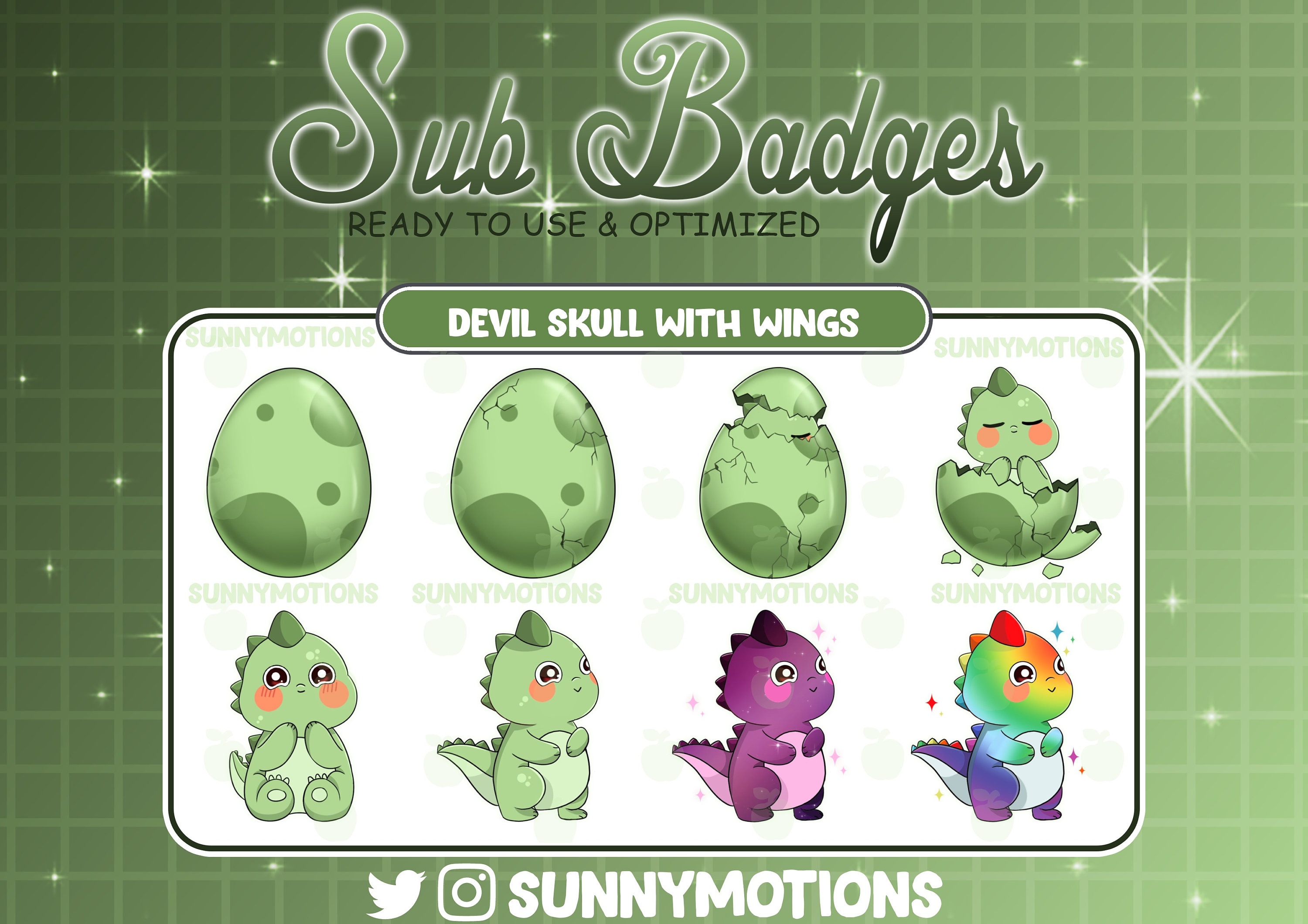 8x Kawaii Cute Chibi Green Dinosaur Twitch Sub Bit Badges, Dino ...