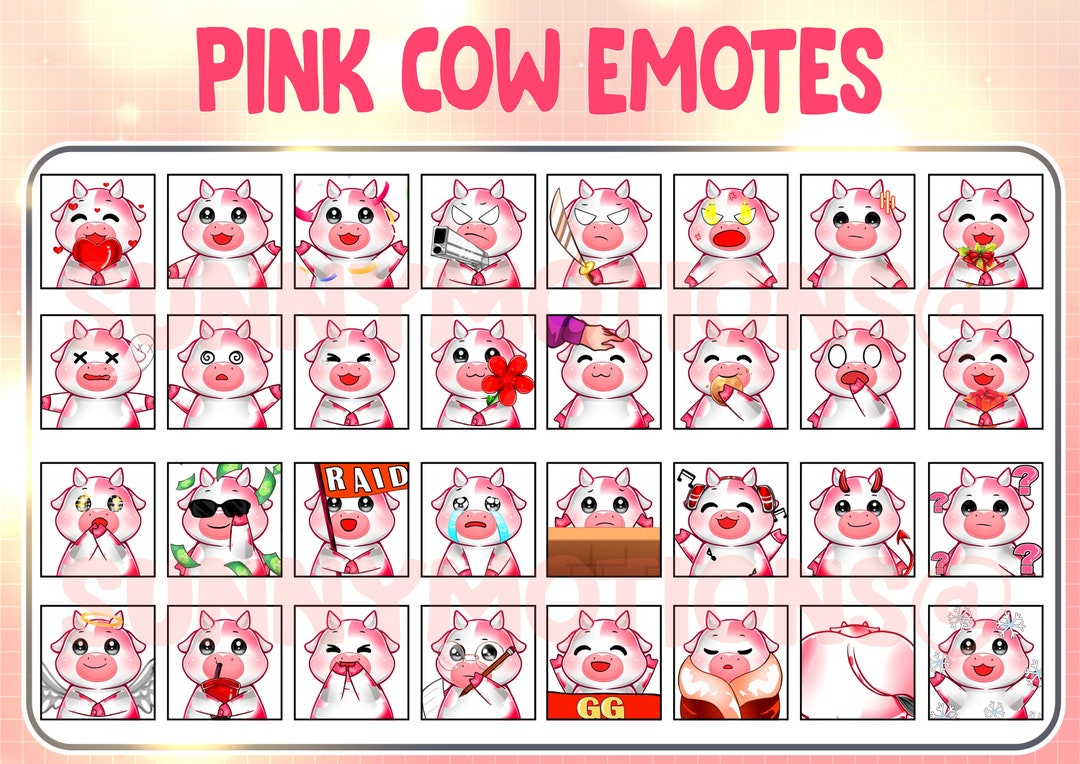 Cute Kawaii Pink Cow Twitch Discord Emotes / Kawai Animal Emoji ...