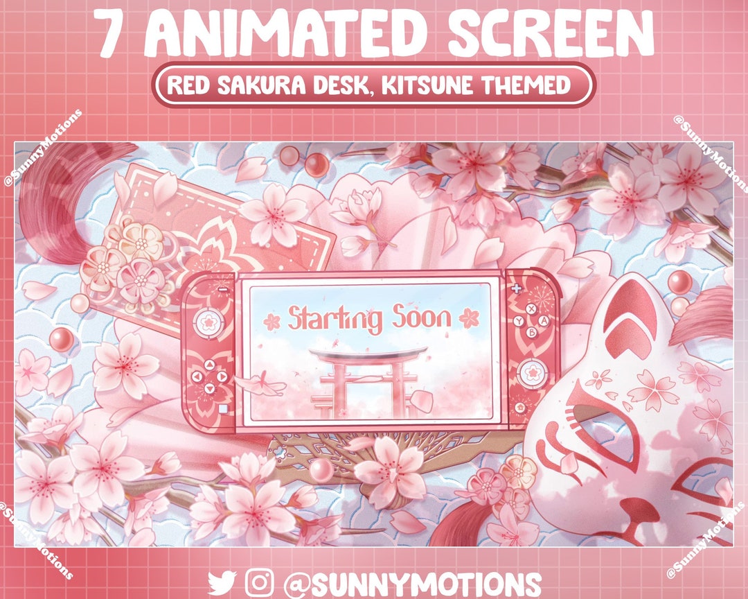 7 Animated Red Sakura Desk Twitch Screen Overlay, Kitsune Mask ...