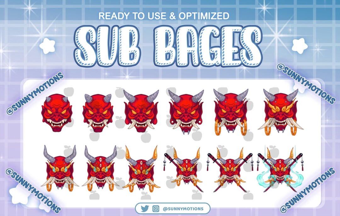 12 Oni Mask Twitch Sub Bit Badges, Kawaii Japanese Samurai, Oni Demon ...
