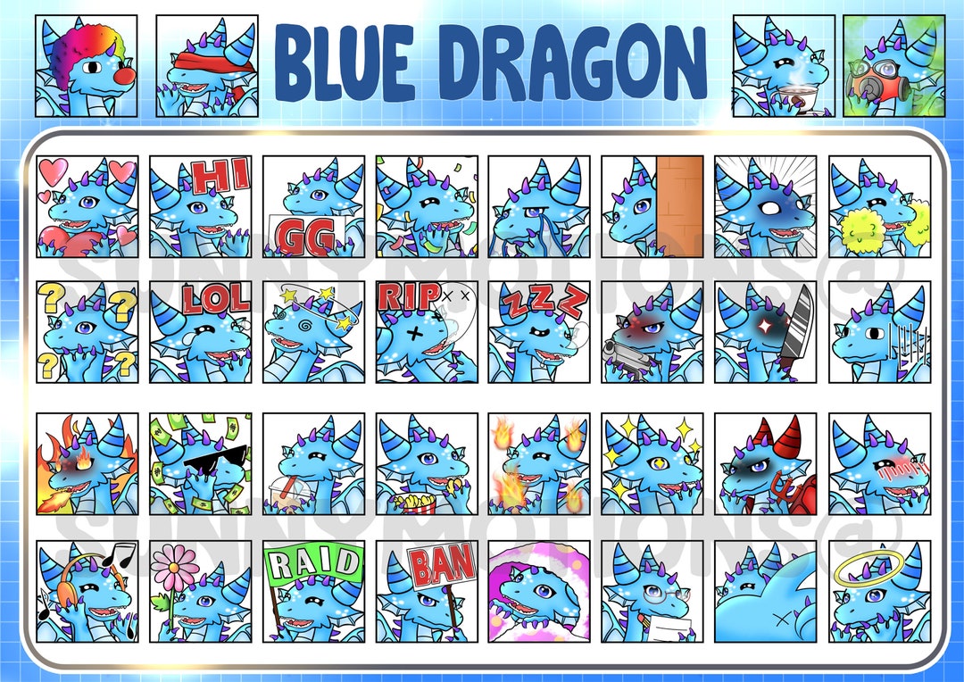 36x Cute Chibi Blue Dragon Twitch Discord Emotes / Kawai Animal Emoji ...
