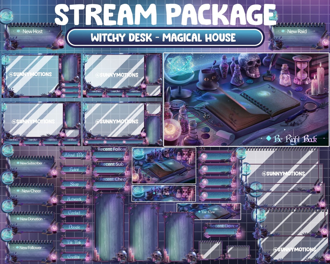 Animated Twitch Stream Package Overlay: Aesthetic Cozy Teal Pink Celestial Witchy Desk, Magical ...