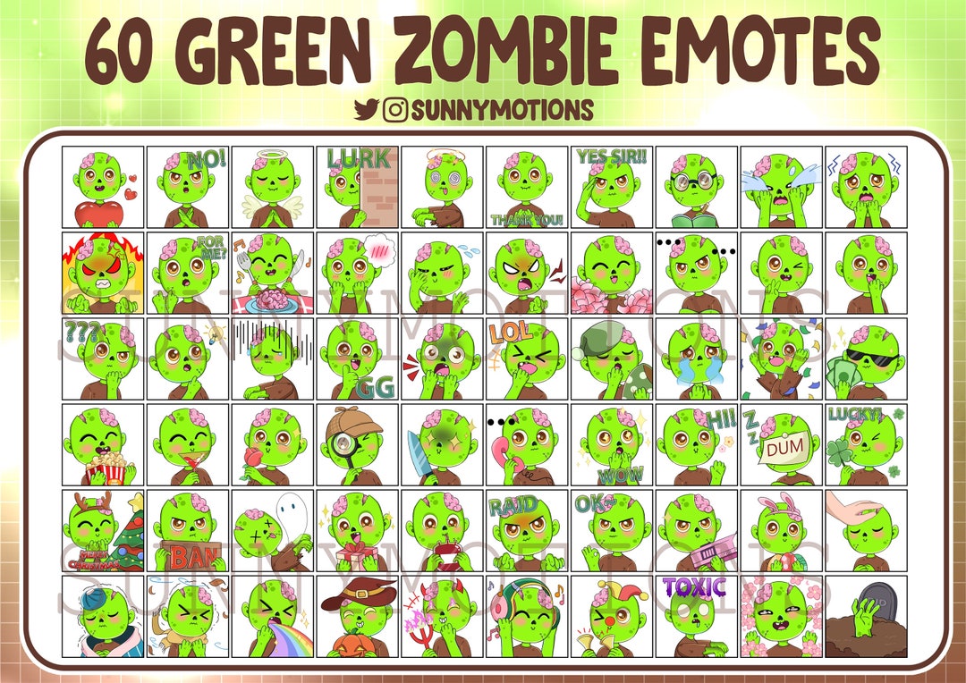 60x Cute Neon Green Zombie Twitch Emotes, Streamer, Kawai Halloween ...