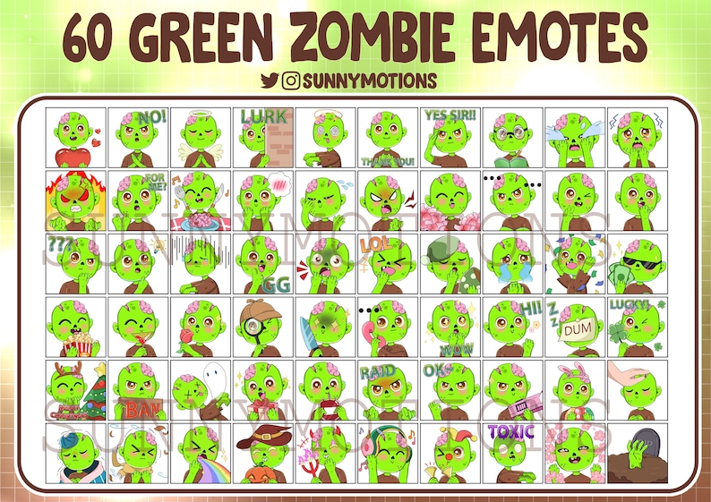 60x Cute Neon Green Zombie Twitch Emotes, Streamer, Kawai Halloween ...
