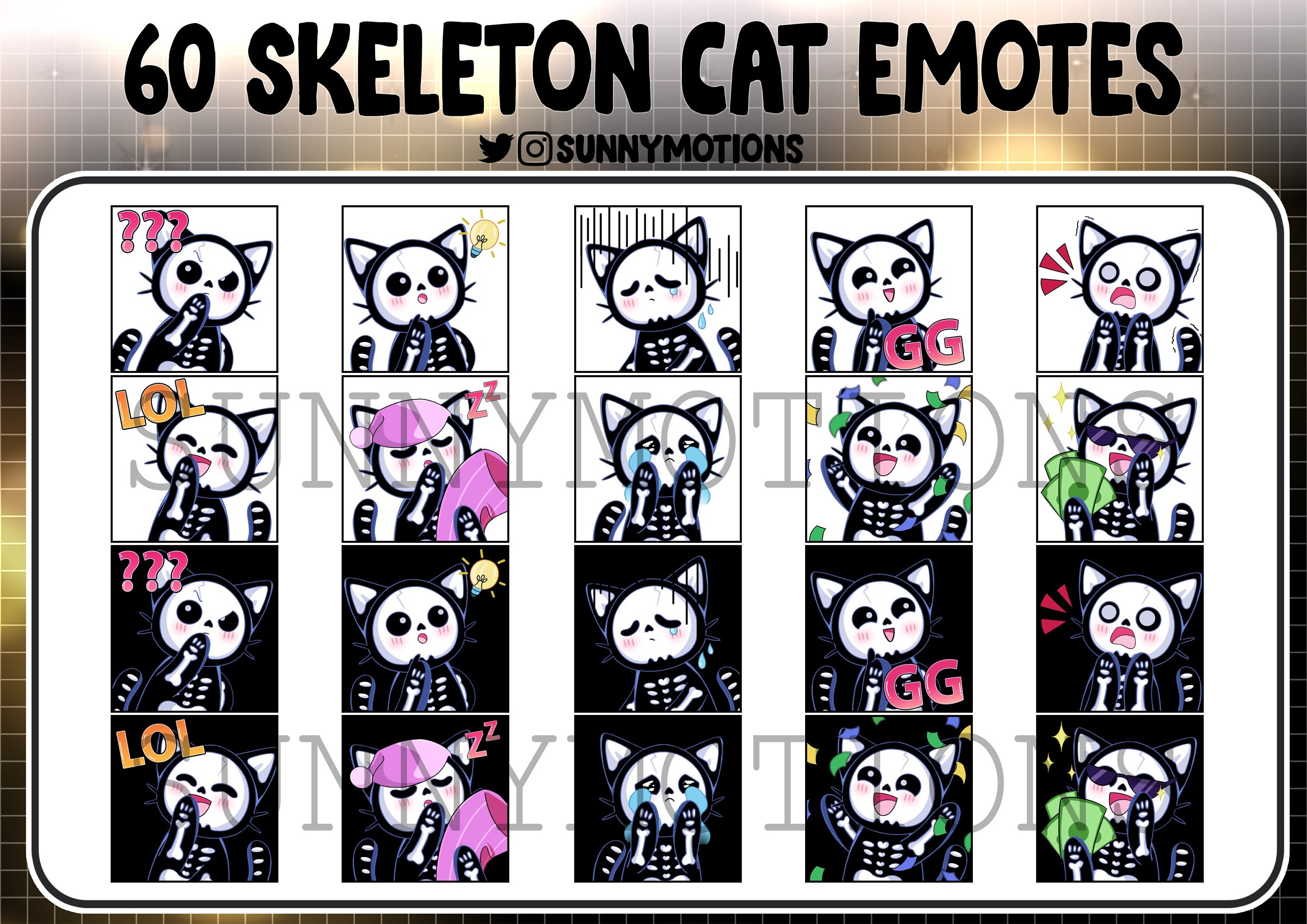 60x Cute Skeleton Cat Twitch Emotes, Streamer, Kawai Halloween Kitty ...